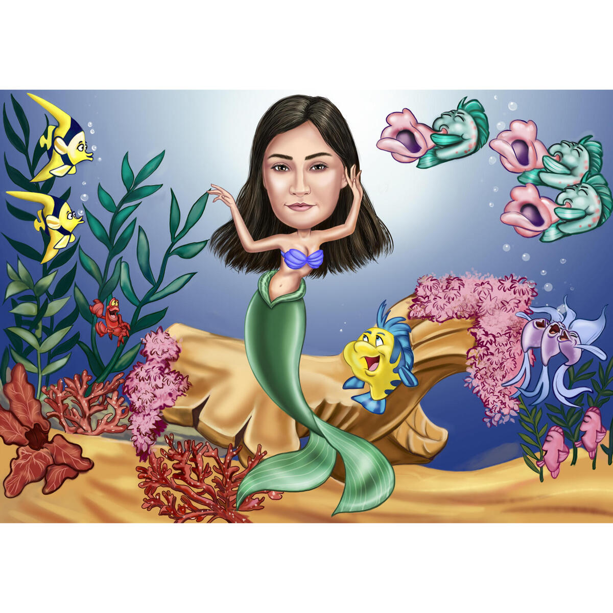 Caricatura di sirena personalizzata con sfondo colorato