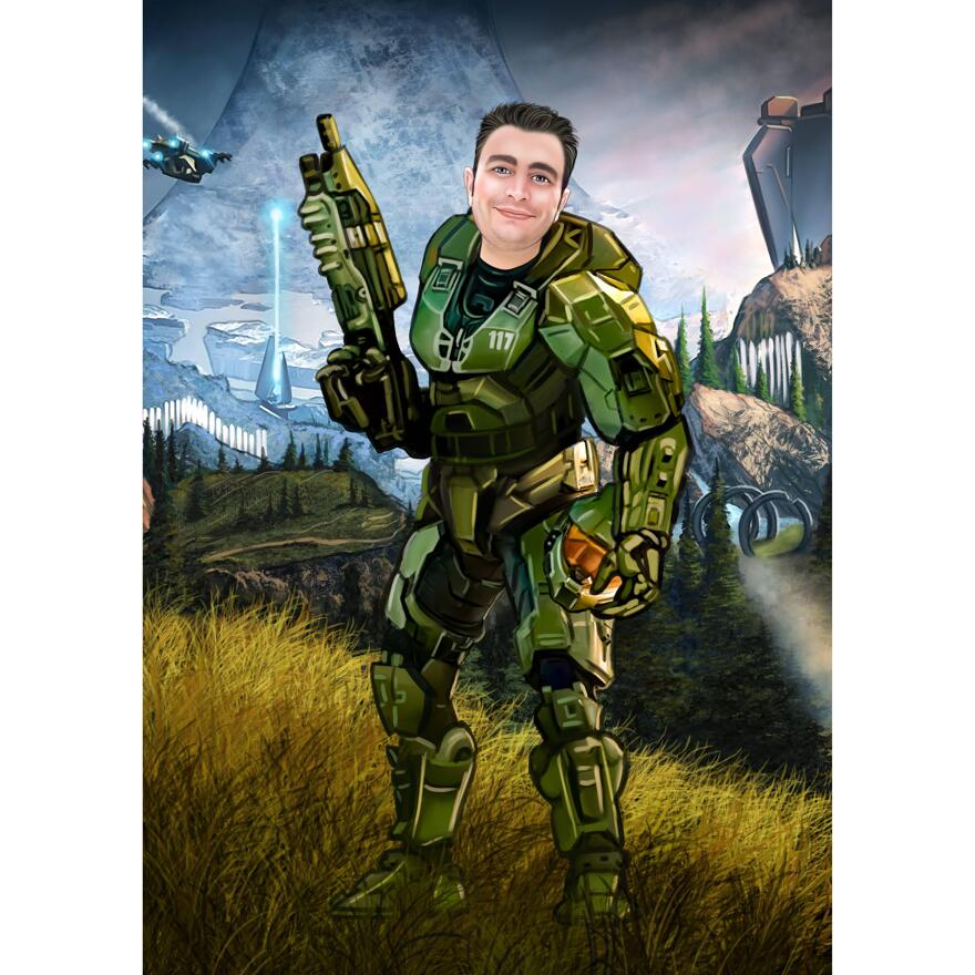 Regalo di caricatura dei fan del gioco Halo Master Chief su sfondo ...