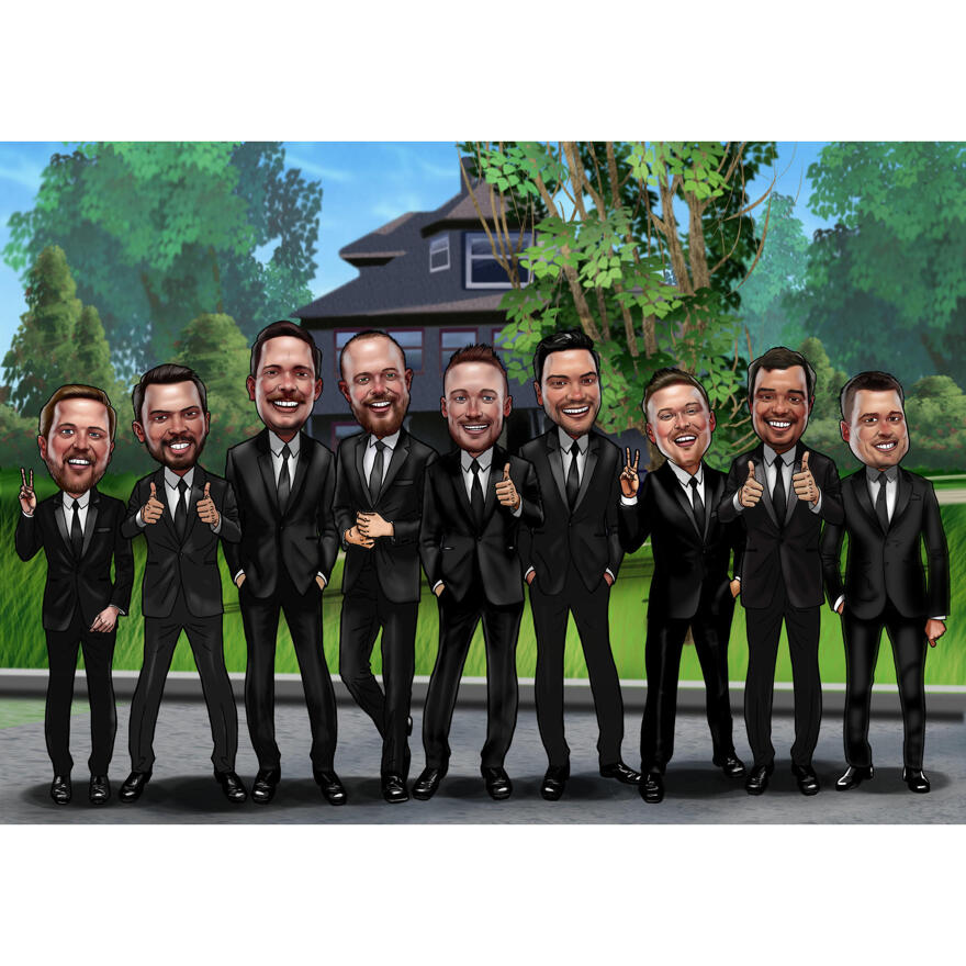 Group Insurance Agents Cartoon Caricature Drawing with Background