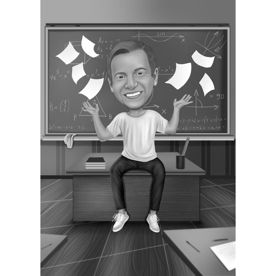 Black and White Math Teacher Cartoon