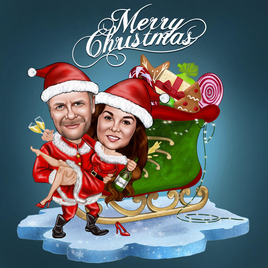 Santa Couple Christmas Caricature with Sleigh | Custom Gift 🎄🛷