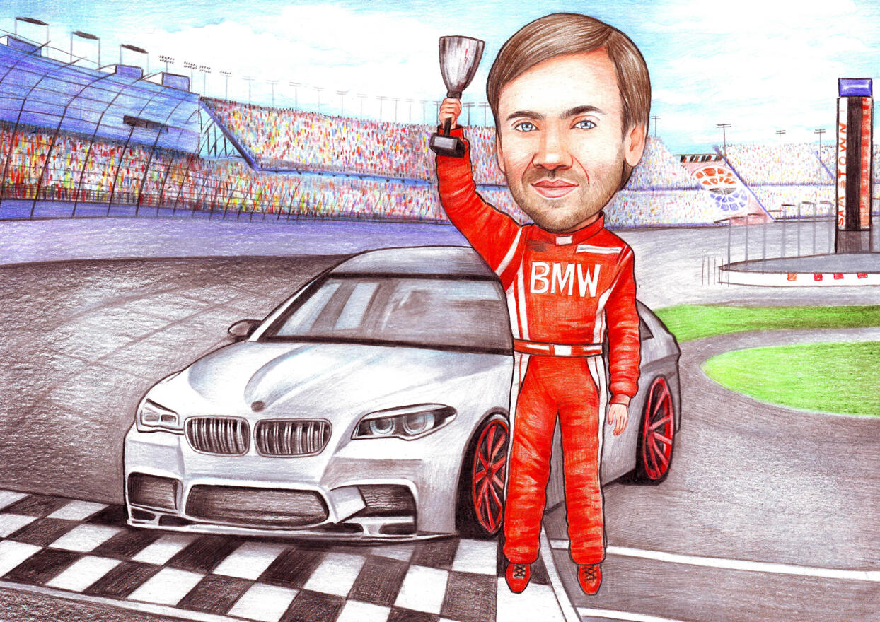 Race Car Driver Caricature in Color Style with Custom Background from Photo