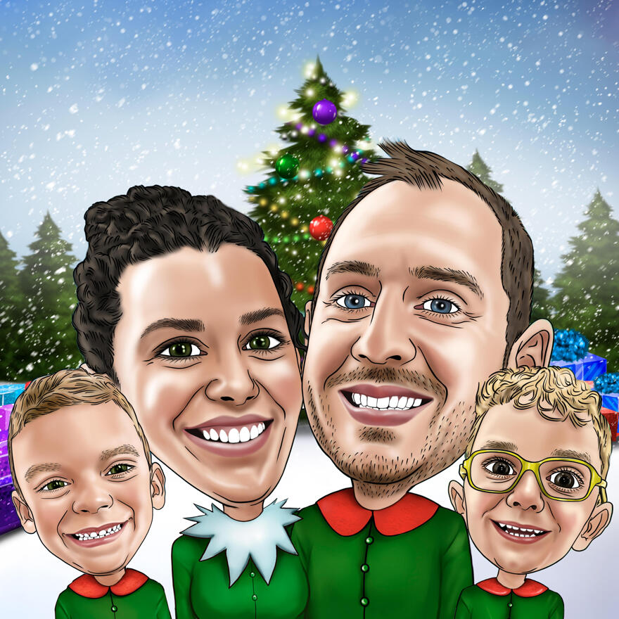 Dessin de caricature de la famille des elfes pour Noël