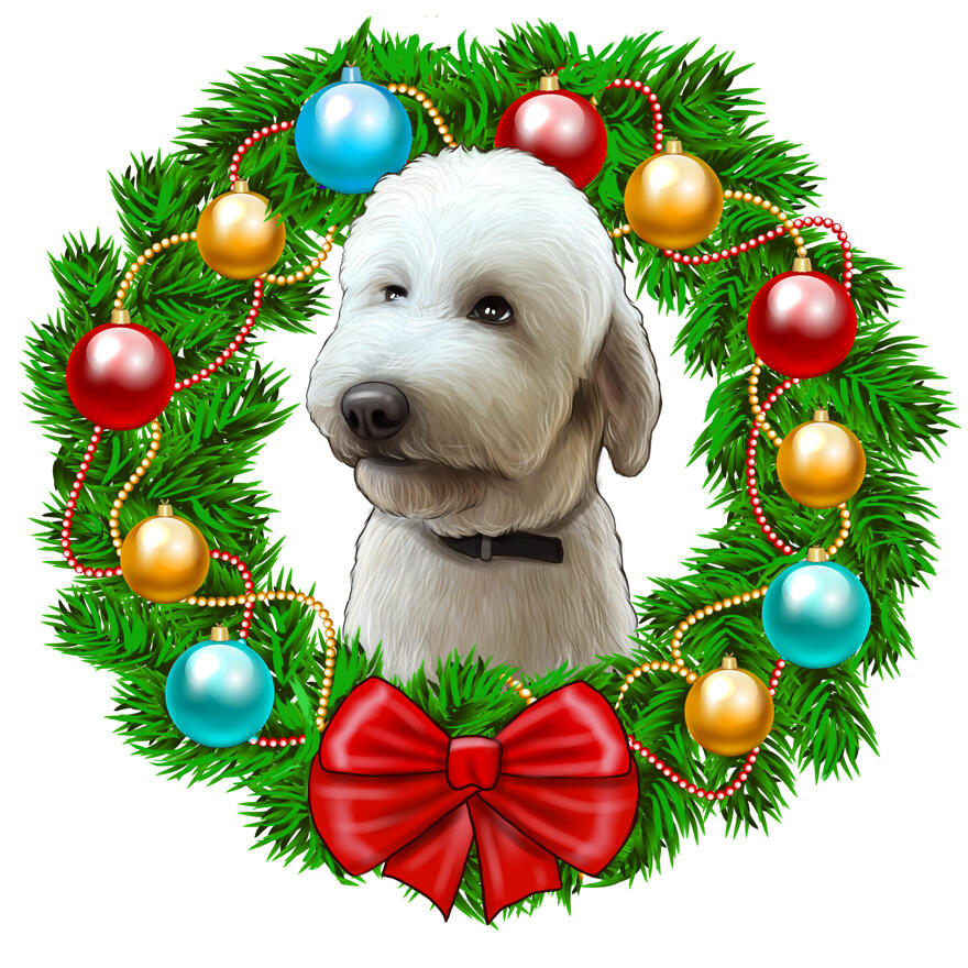 Dog in Christmas Wreath Drawing