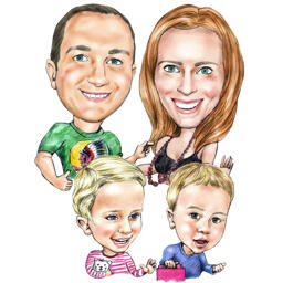 Colored Family Caricature Drawing in Pencils Style