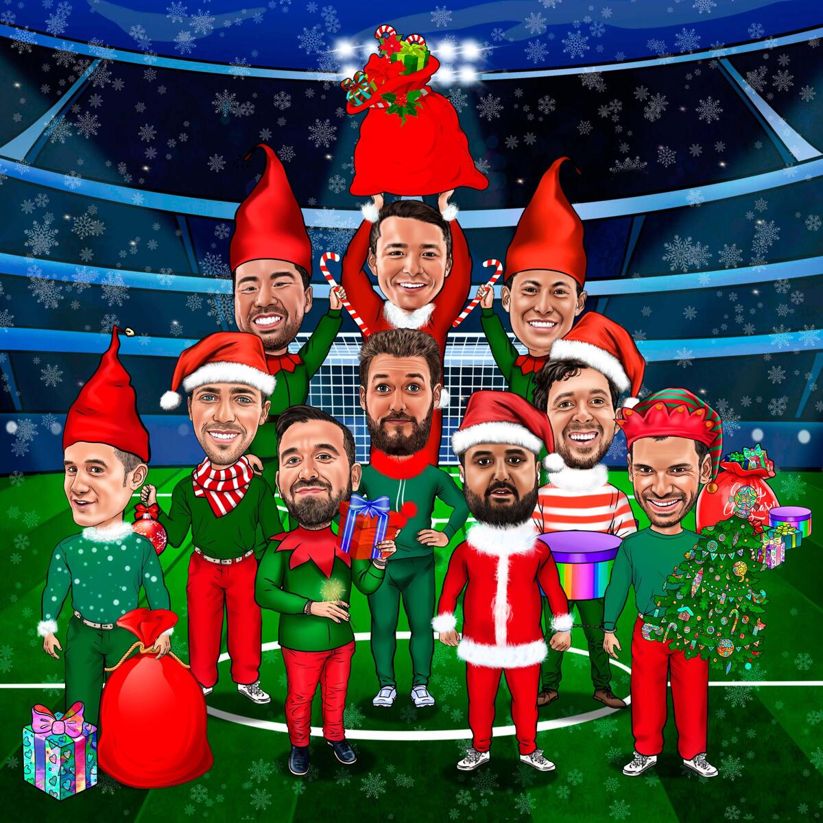 Caricatura personalizada de equipe esportiva – Retrato de Natal