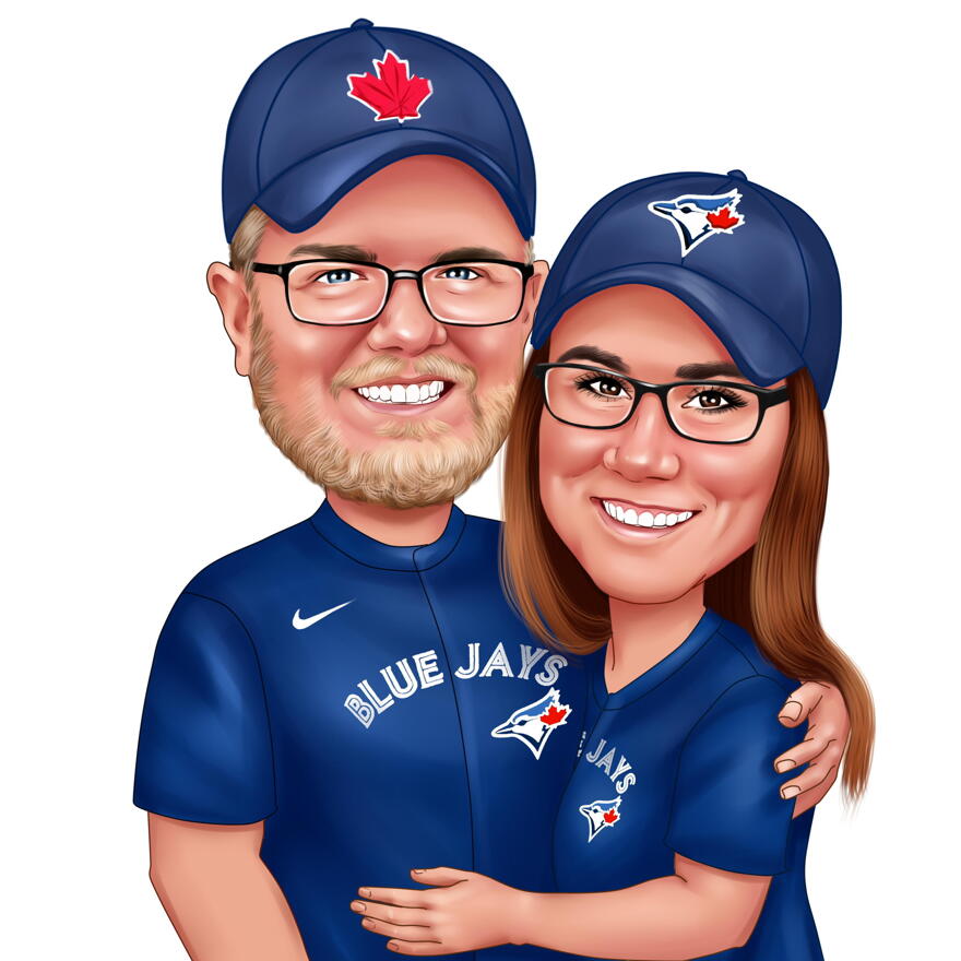 Baseball Couple Head and Shoulders Cartoon Portrait