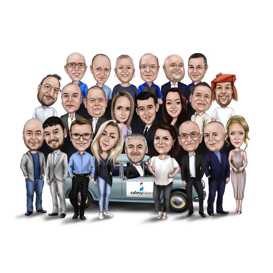 Caricature of Company with a Vehicle and Logo