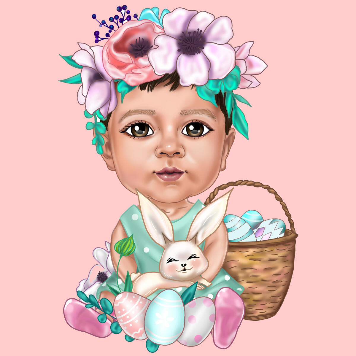 Personalized Easter Drawing of a Child in a Festive Scene🐰🌼🥚. Order today!