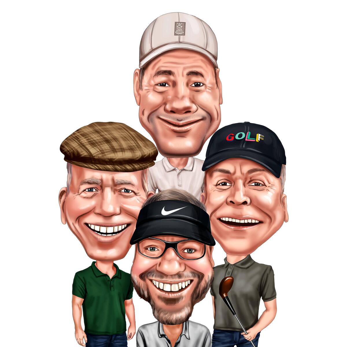 Custom Golf Group Caricature | Golf Club Friends Cartoon