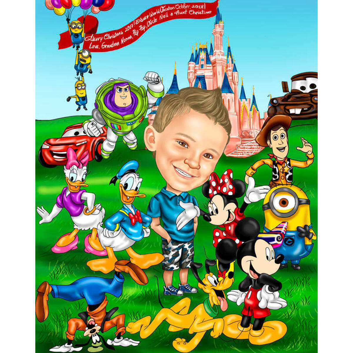 Dessin caricatural personnalisé pour enfant avec fond Mickey - Cadeau ... Dessin caricatural personnalisé pour enfant avec fond Mickey - Cadeau ...