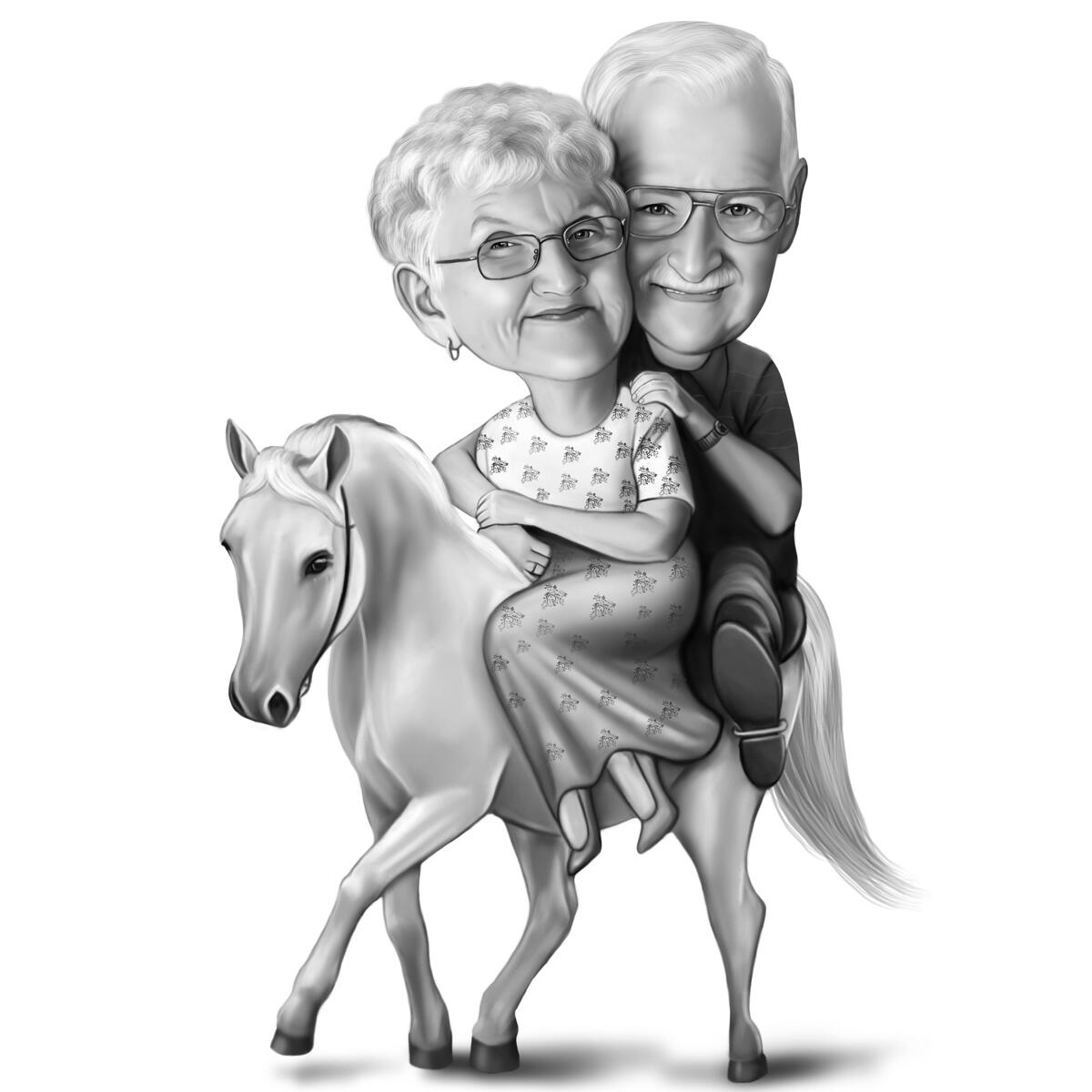 Black and White Caricature of Couple Riding a Horse