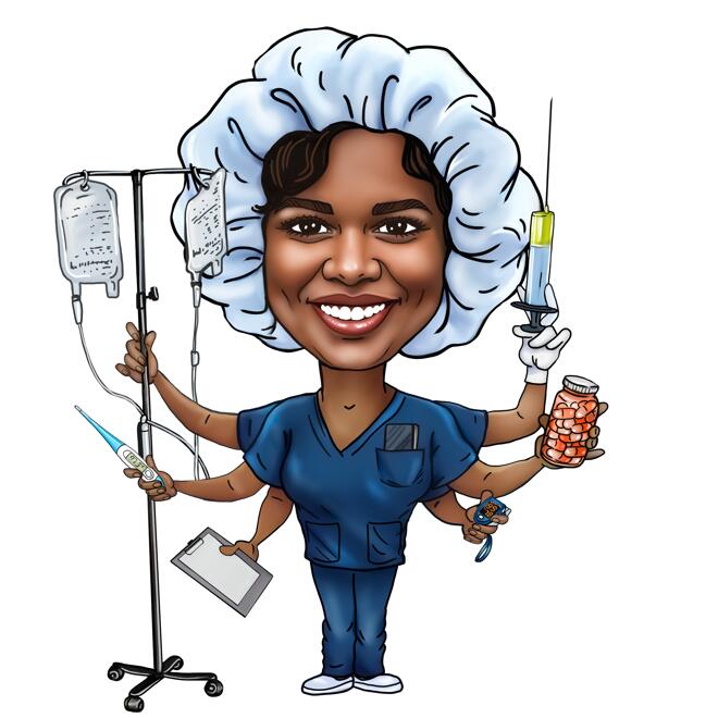 Karikatur af hele kroppen af multitasking sygeplejerske Karikatur af hele kroppen af multitasking sygeplejerske