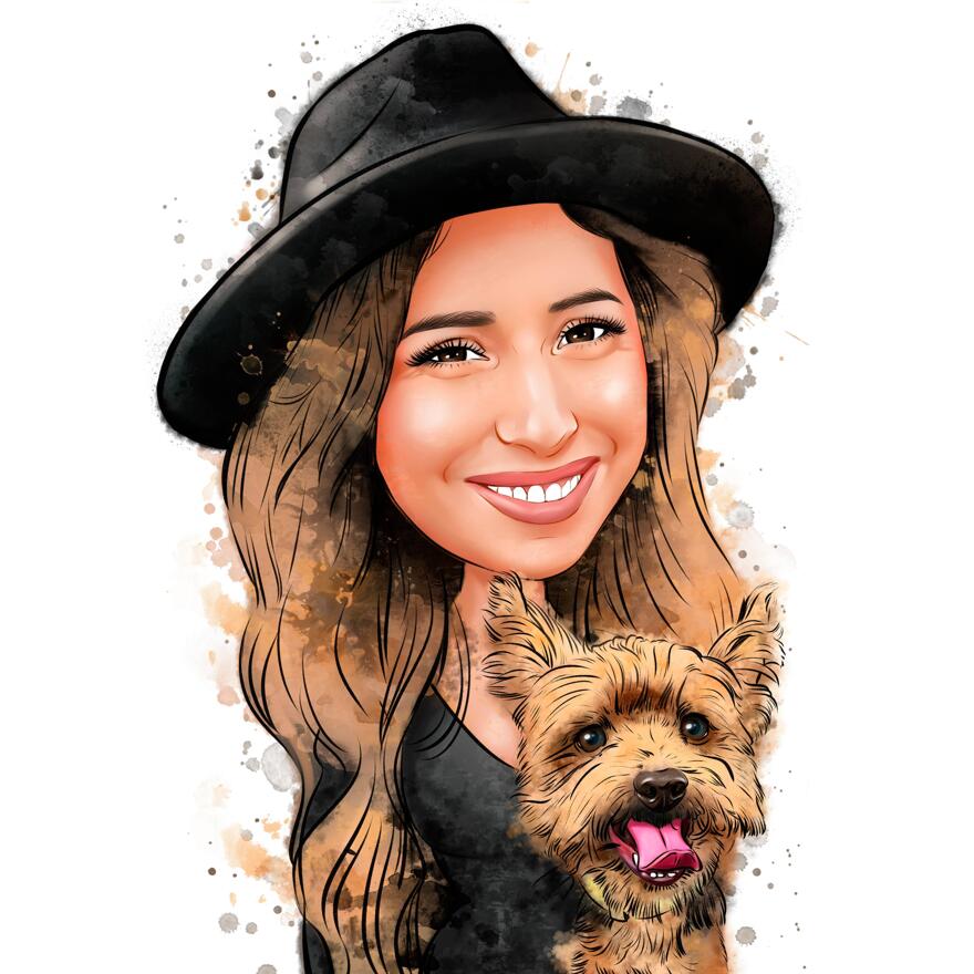 Girl Pet Lover Cartoon Portrait dans un style aquarelle naturel