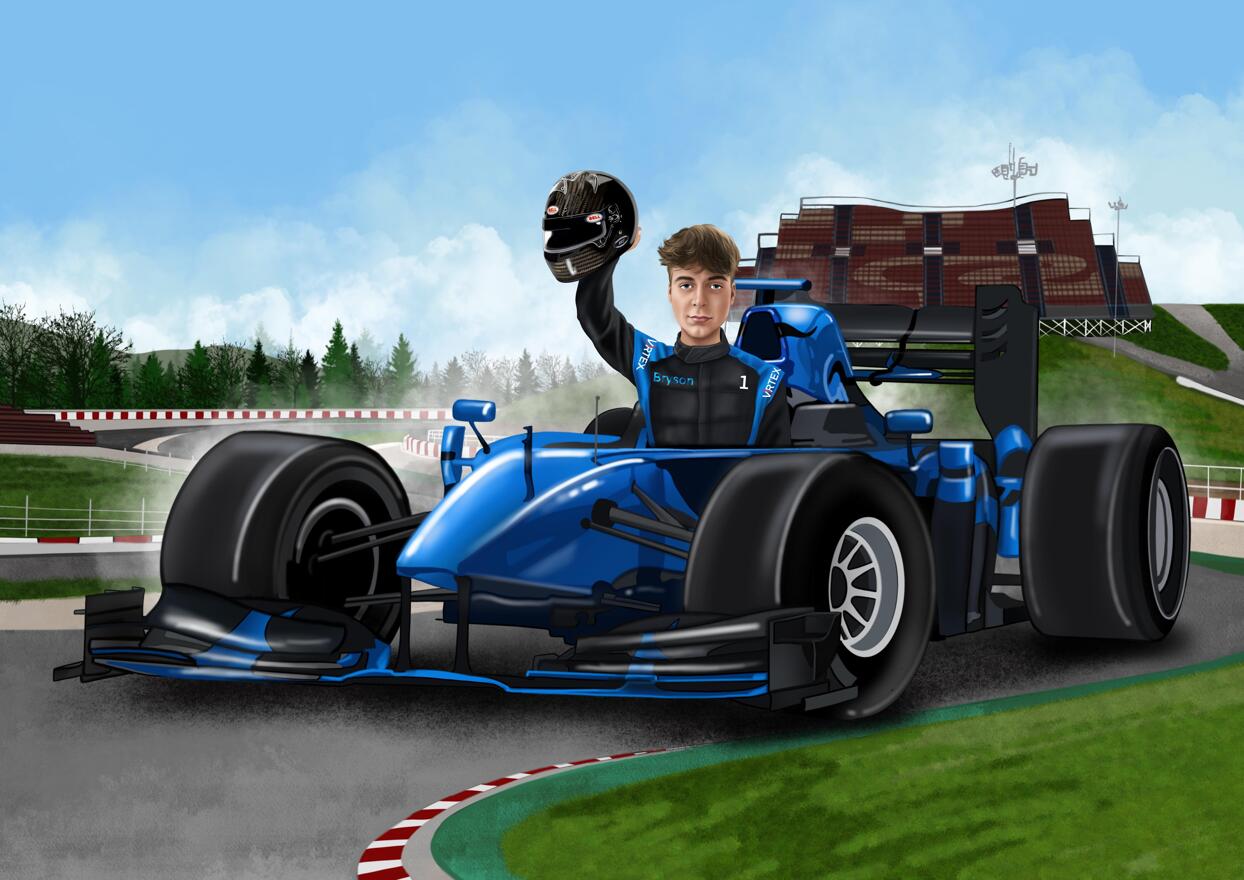 Race Car Driver Caricature in Color Style with Custom Background from Photo