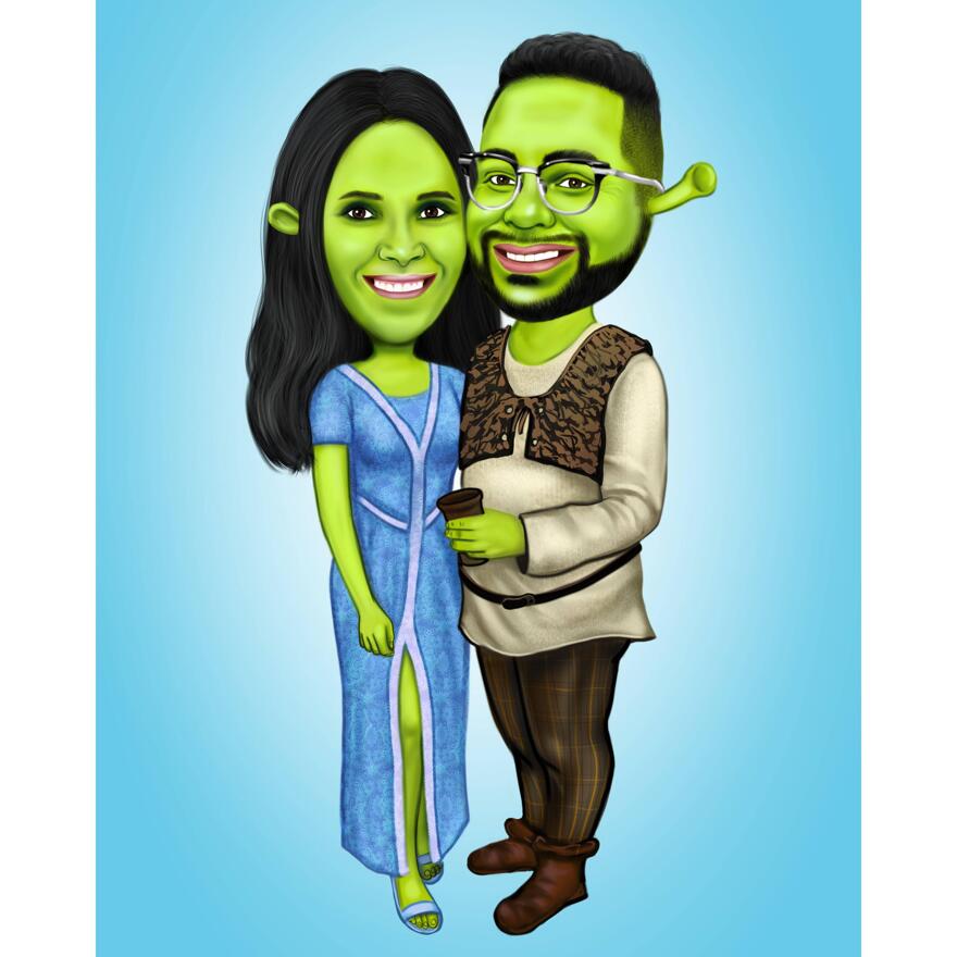 Full Body Couple Caricature with One Color Background for Shrek Fans