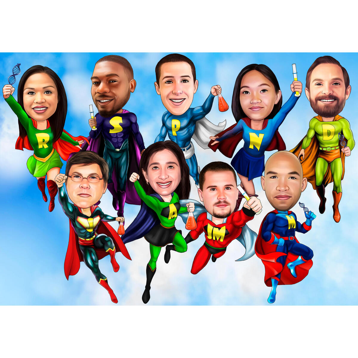 Custom Superhero Group Drawing: Personalized Heroes in the Sky