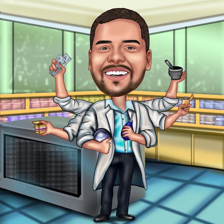 Multitasking-Arzt-Cartoon-Zeichnung