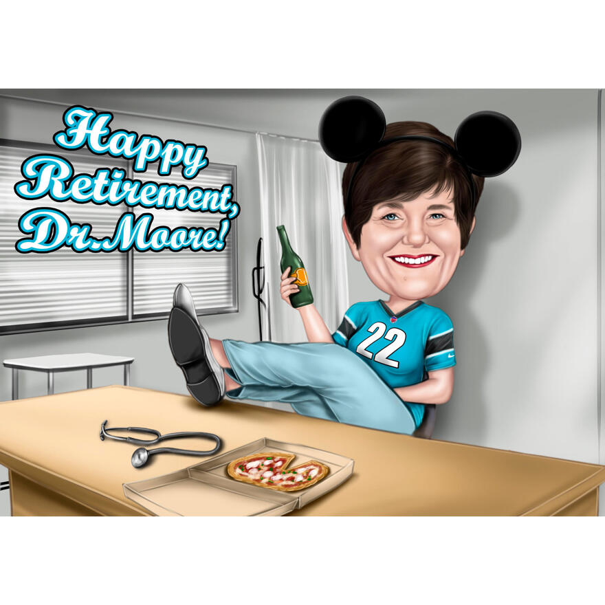 Colored Full Body Caricature Drawing with Custom Background for Pizza