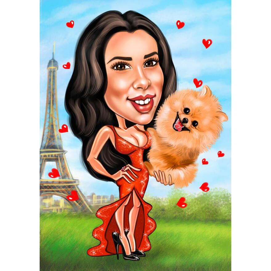 Paris karikatur smuk dame og Tour Eiffel tegning💃🐶🎨. Bestil og køb!.....