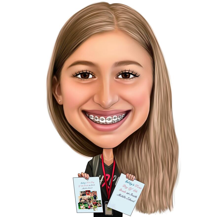 Fotoğraftan Çizilmiş Renkli Stilde Koca Kafalı Kadın Karikatürü