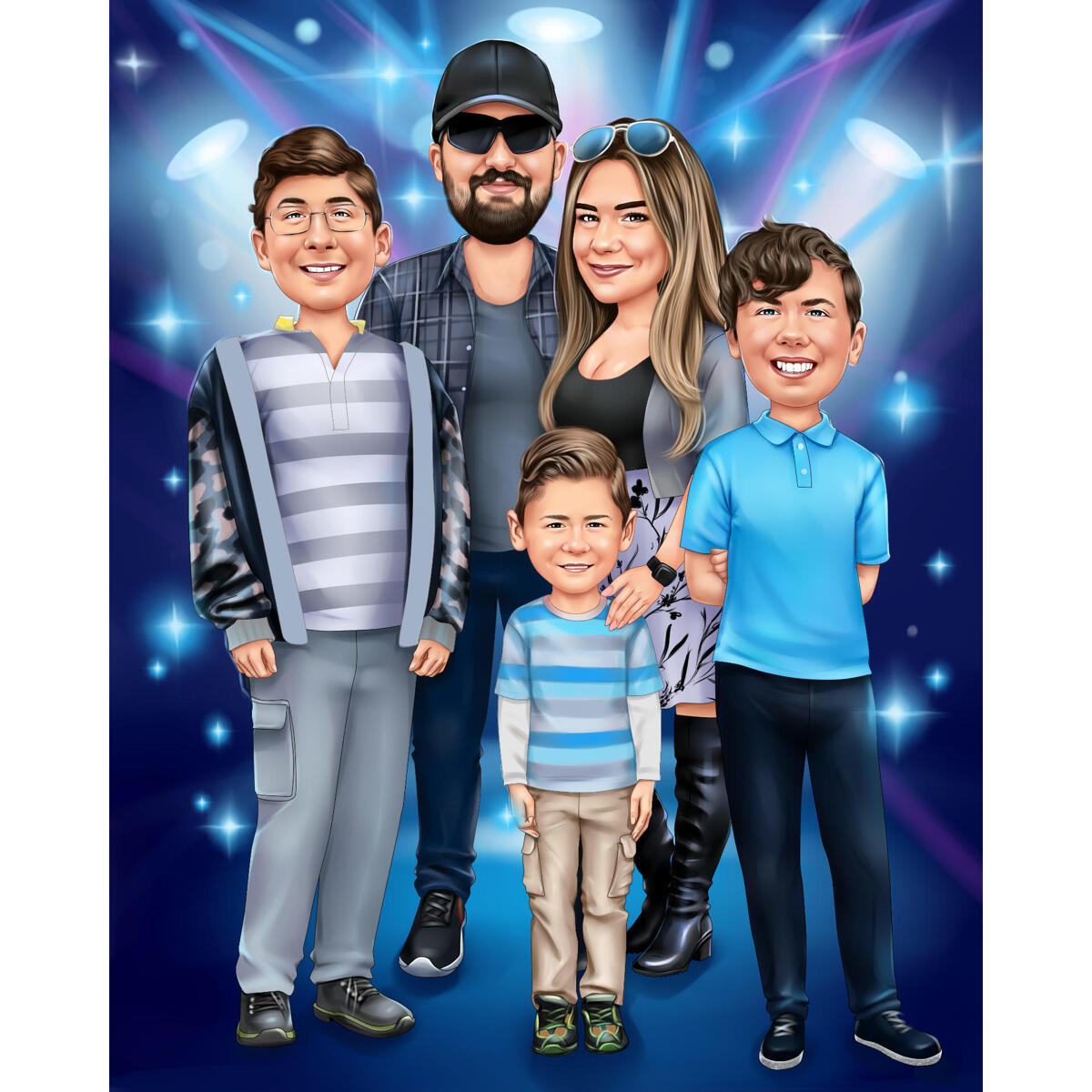 Family of 5 Person Cartoon Portrait