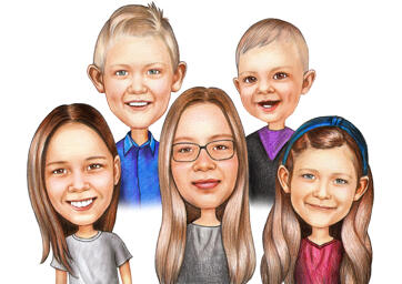Colored Family Caricature Drawing in Pencils Style