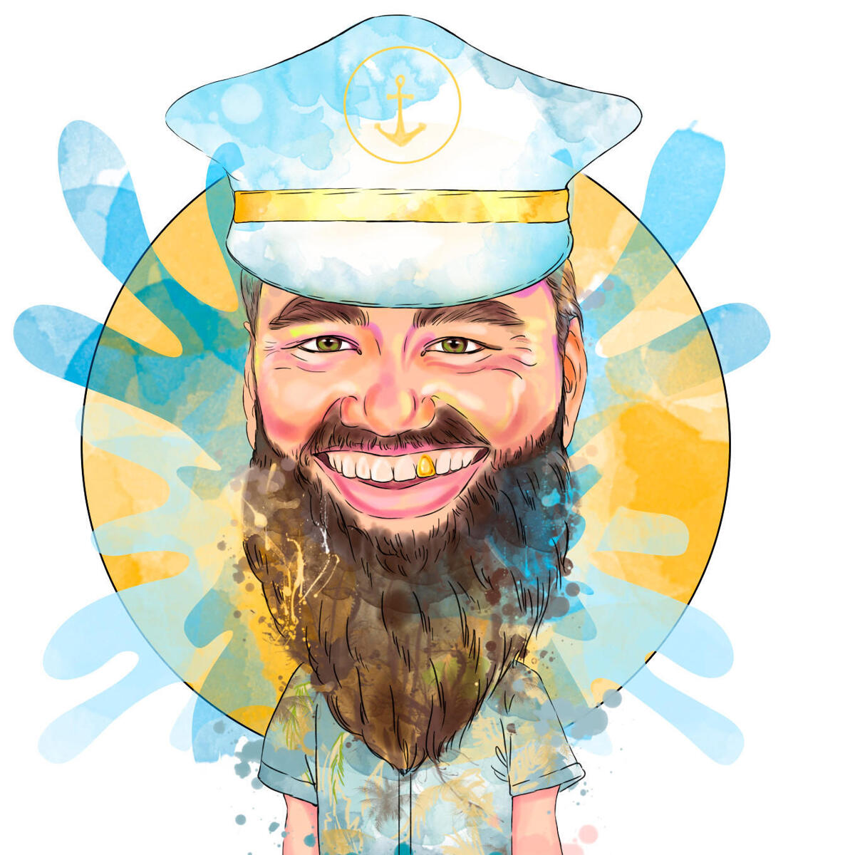 Funny Boat Captain Caricature Gift in Watercolor Style from Photos