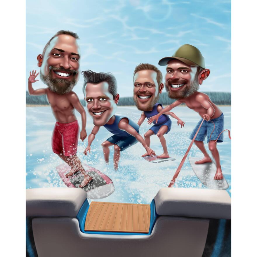 Grappige karikatuur van de waterskigroep