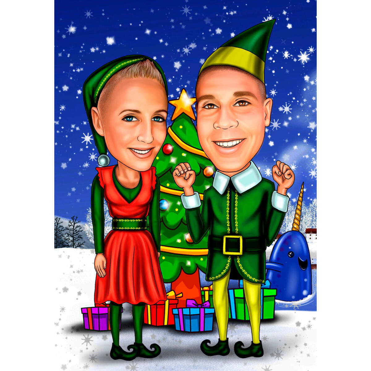 Christmas Elf Couple Caricature with Custom Background