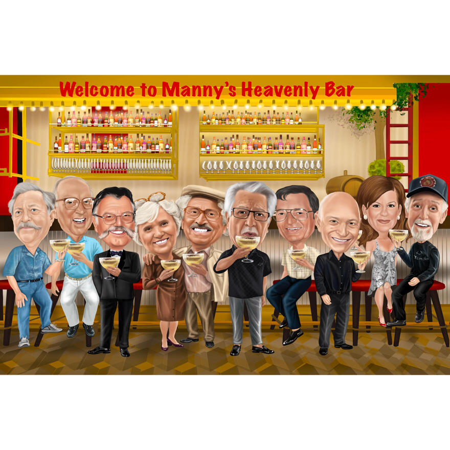Bar Group Caricature Drawing in Colored Style with Custom Background f