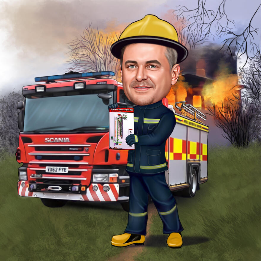 Fireman Cartoon Drawing with Fire in Background