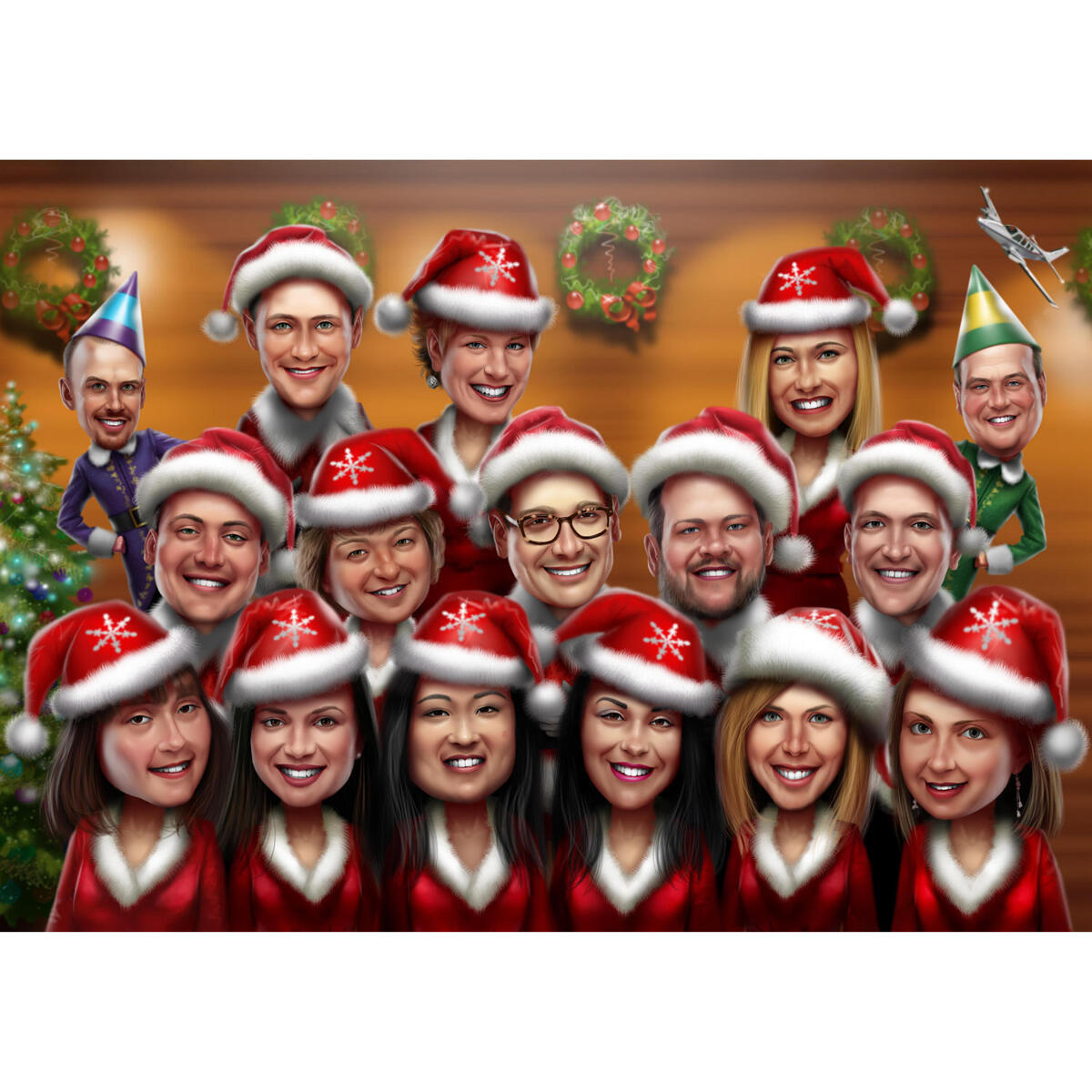 Caricature de la compagnie de Noël avec des chapeaux de Père Noël