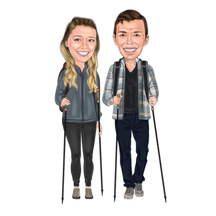 Karikatuur van wandelend stel op basis van foto