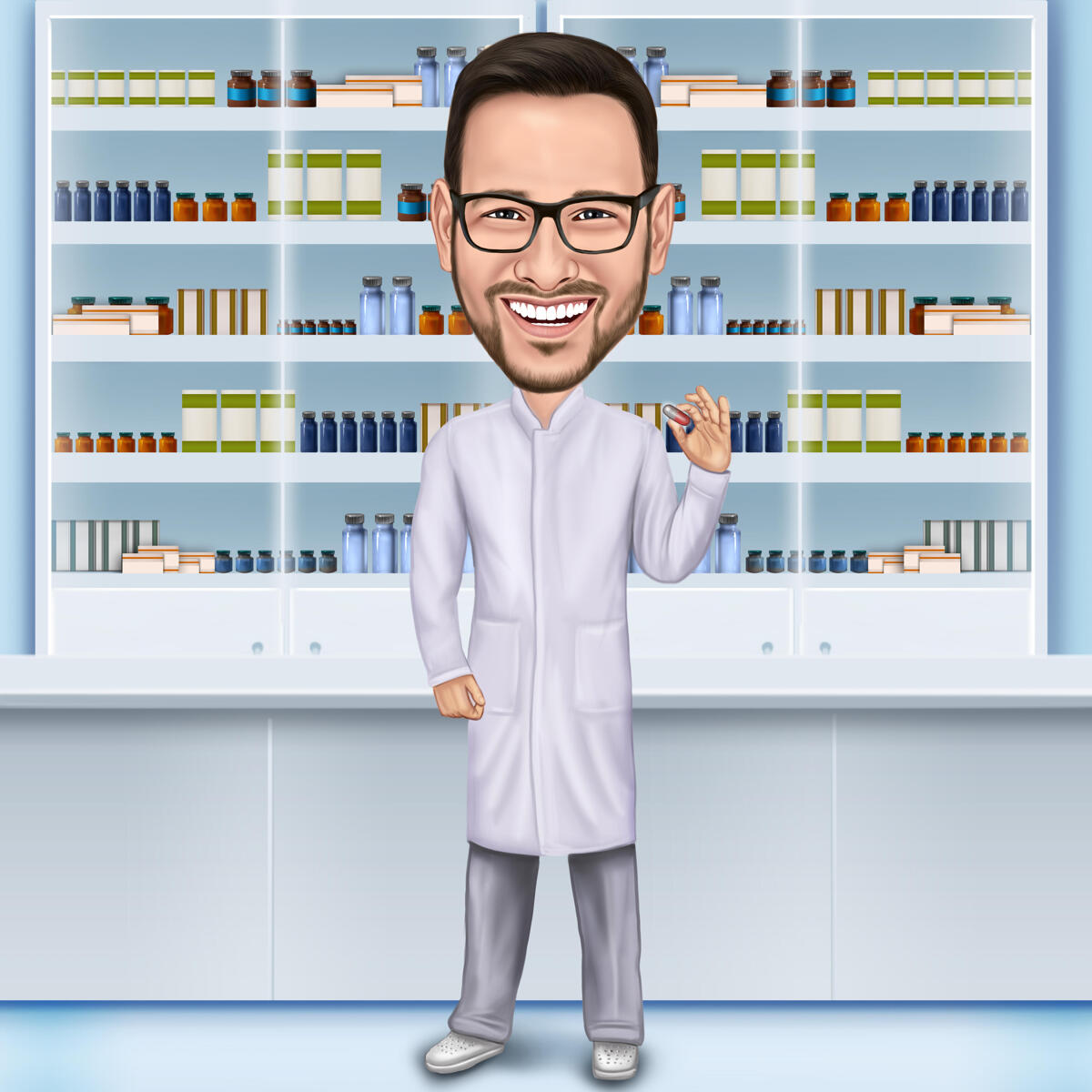 Full Body Pharmacist Caricature Drawing with Custom Background
