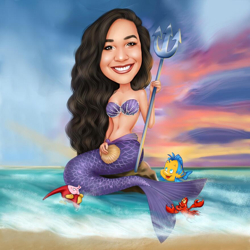 Caricatura de sirena personalizada con fondo de color