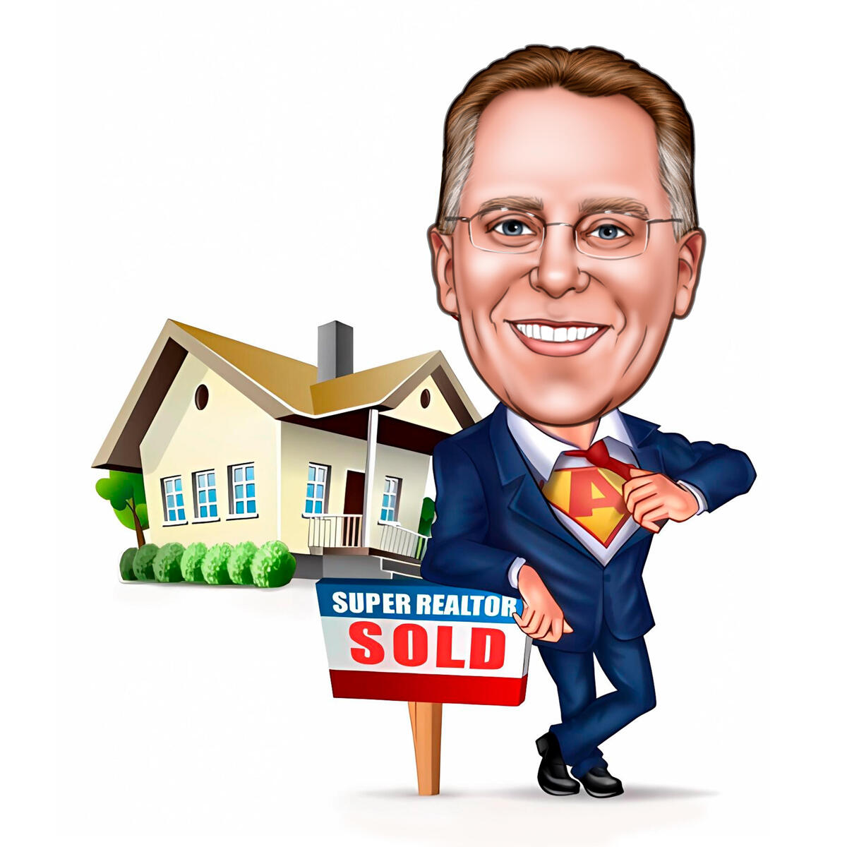 Fastighetsmäklare Cartoon Leaning on House 🏡🗝️💰. Klicka för mer info! ️
