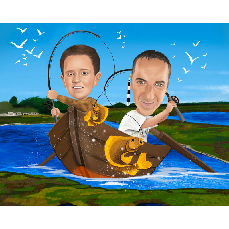 Father with Son on Boat Fishing