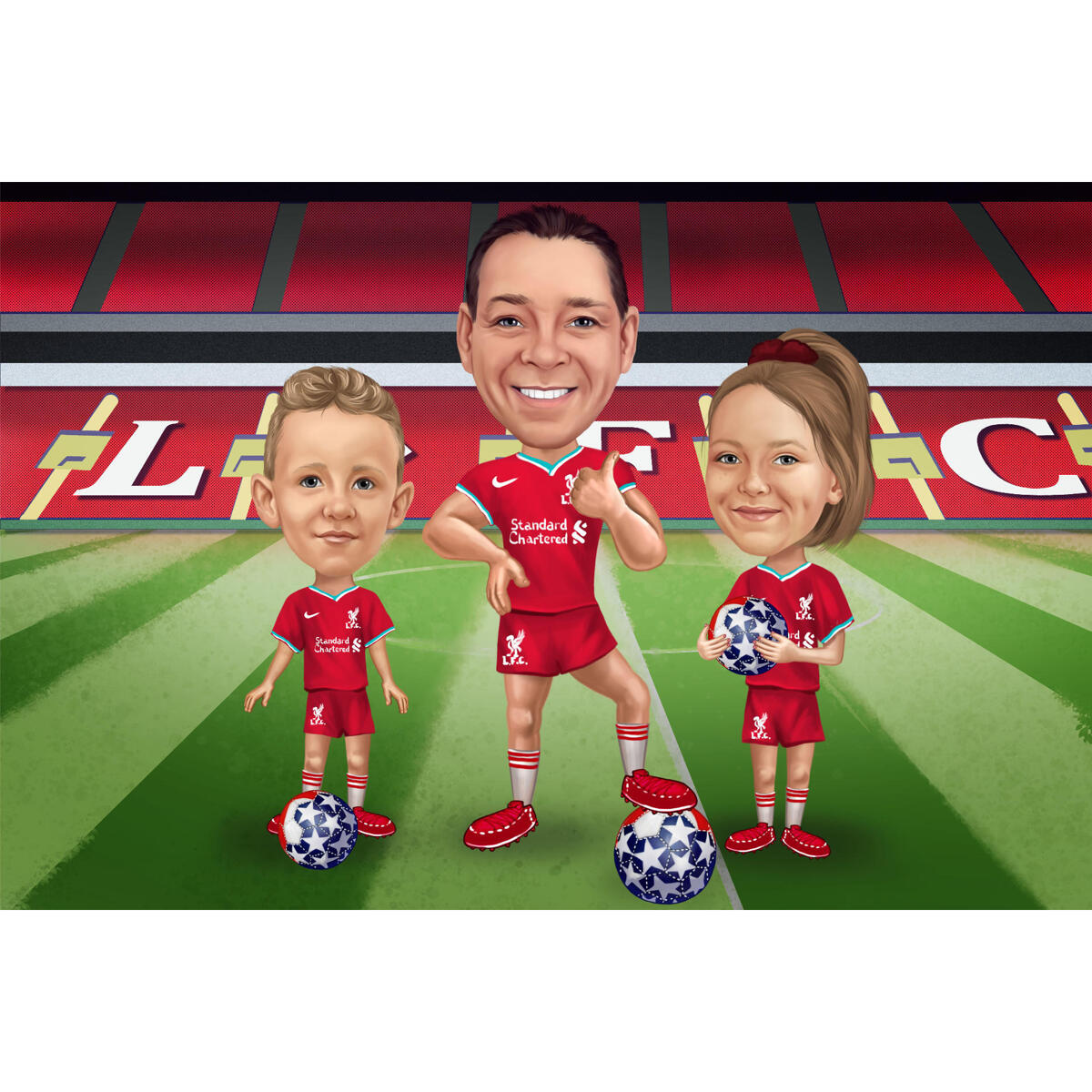 Caricature d'un père footballeur avec ses enfants en style numérique
