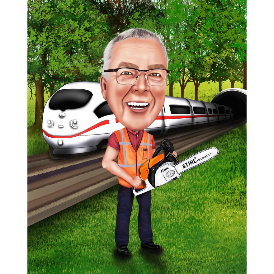 Color Caricature of Man with Train on Custom Background
