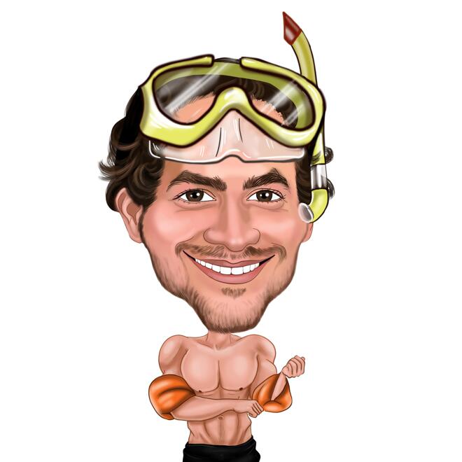 Overdreven karikatuur van persoon met zwemmasker