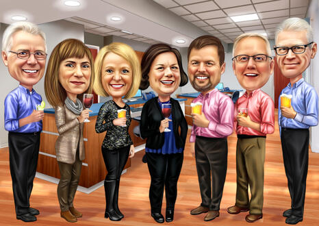 Group Insurance Agents Cartoon Caricature Drawing with Custom Background