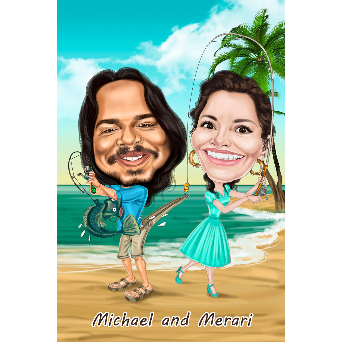 Paar Angeln Lustige Übertriebene Karikatur