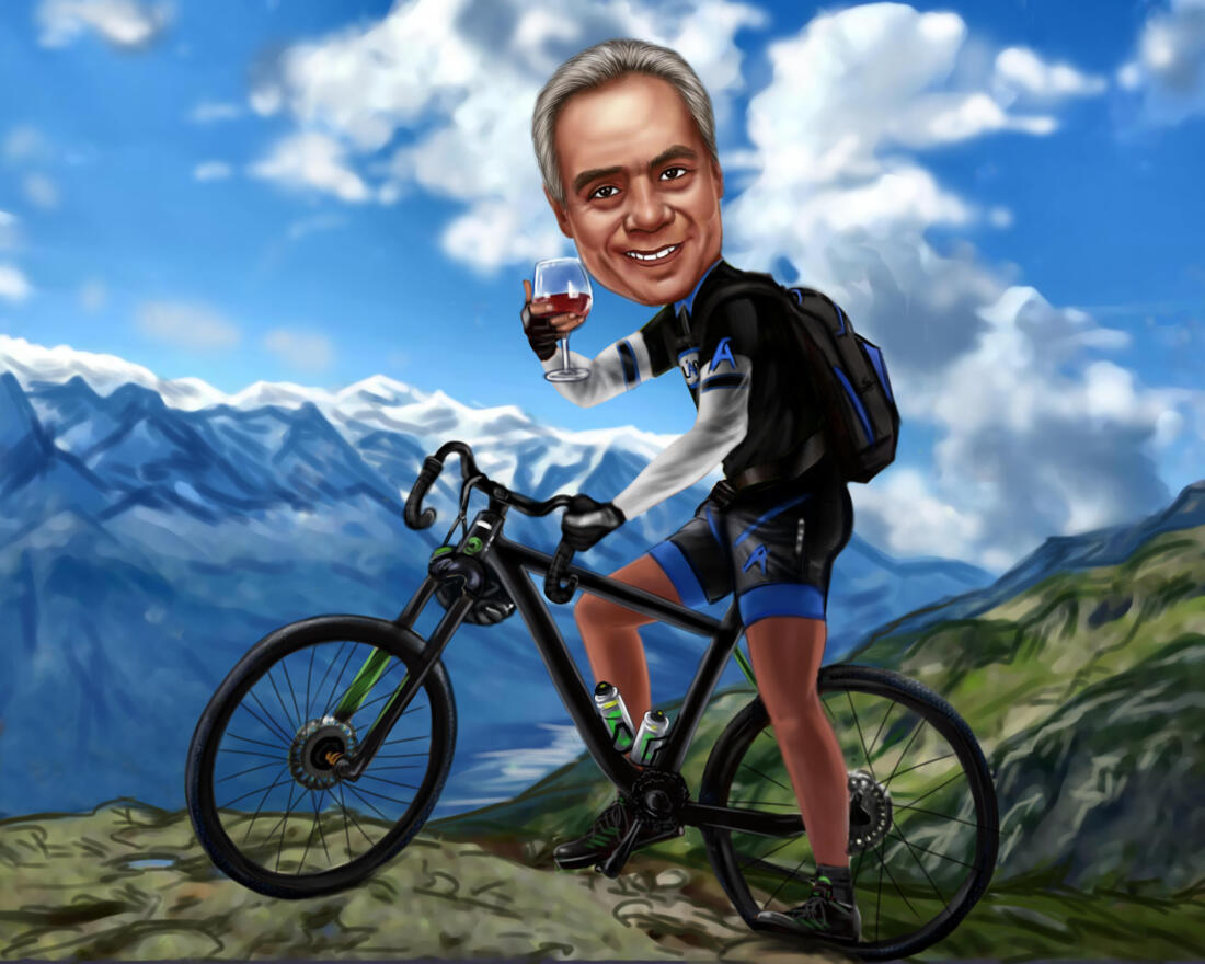 Bicyclist Cartoon in Mountains