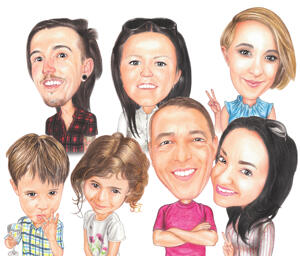 Colored Family Caricature Drawing in Pencils Style