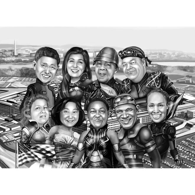 Superheld groep karikatuur in zwart-wit met stad achtergrond