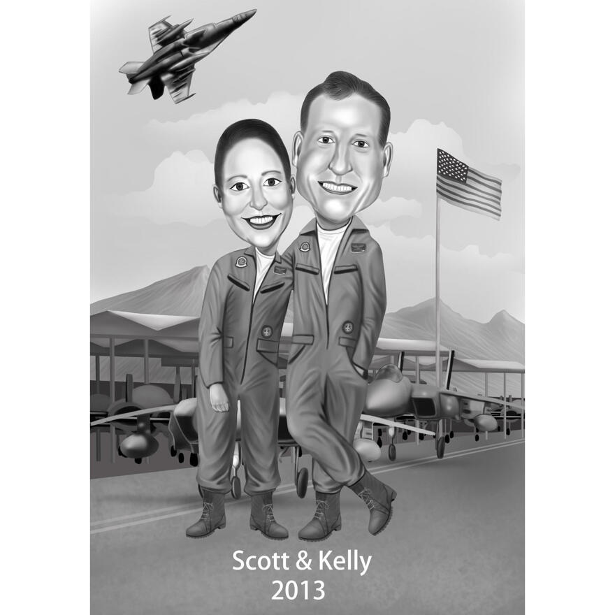 Military Couple Cartoon in Black and White