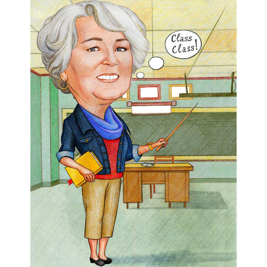 Exaggerated Teacher Caricature with Class Background