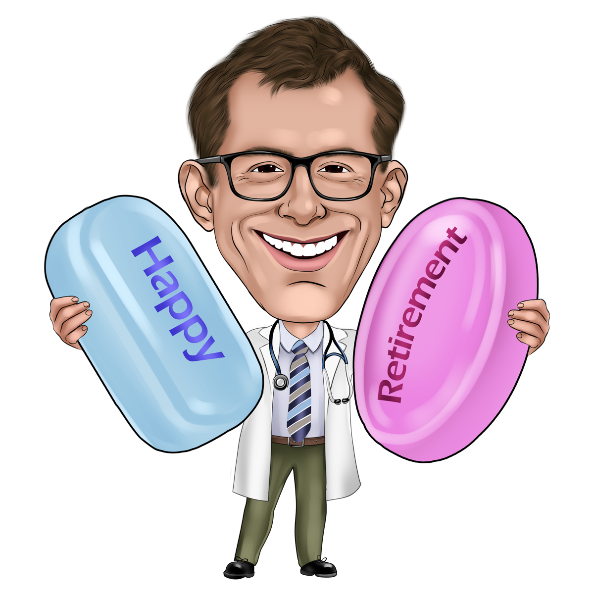 Funny Retirement Caricature of Doctor with Pills