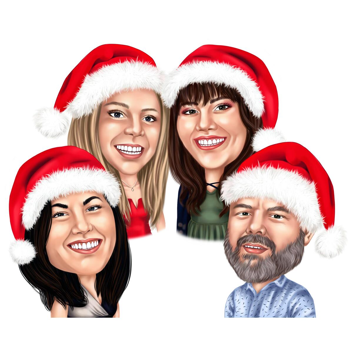 Holiday Group Caricature with Santa Hats – Custom Christmas Portrait